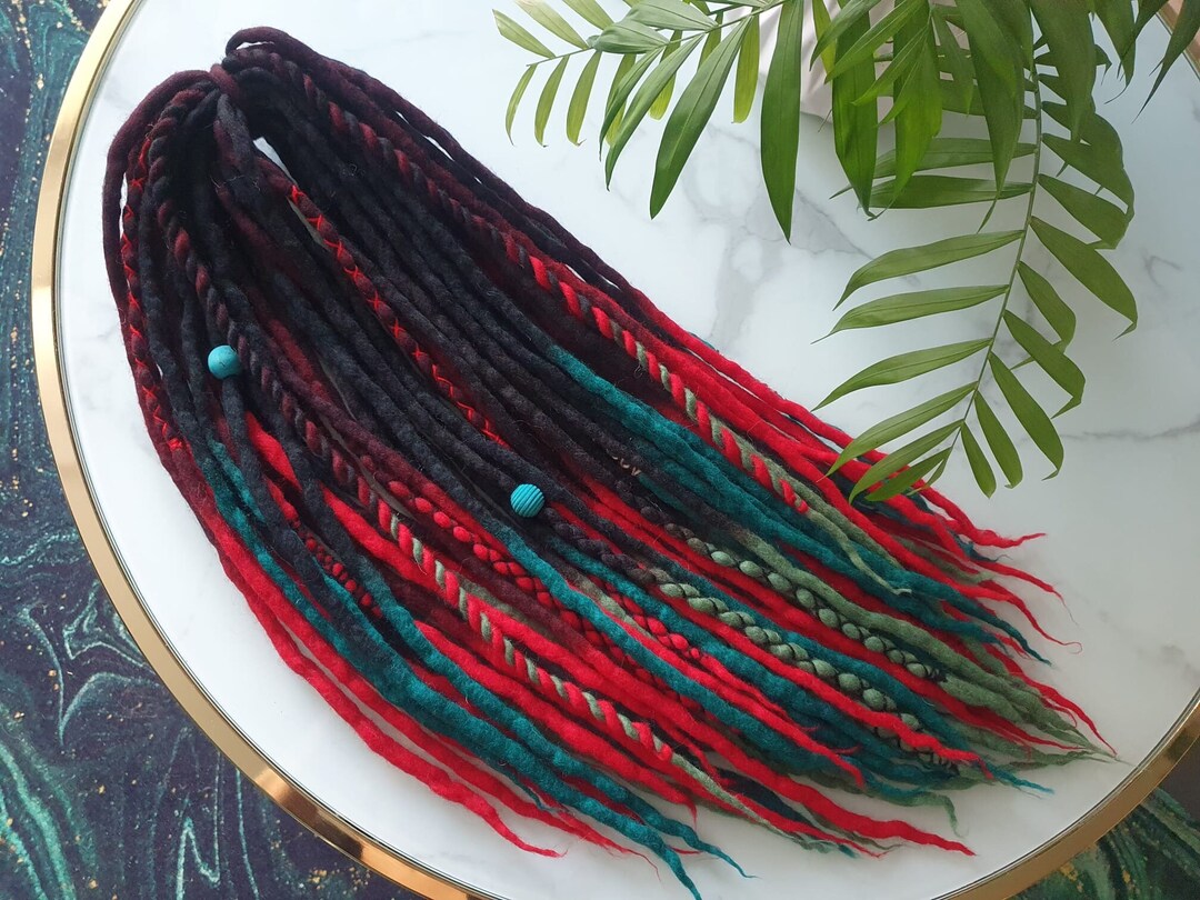 SET No. 140 Choose Length Ombre Wool Dreads Merino Extensions Black Red ...