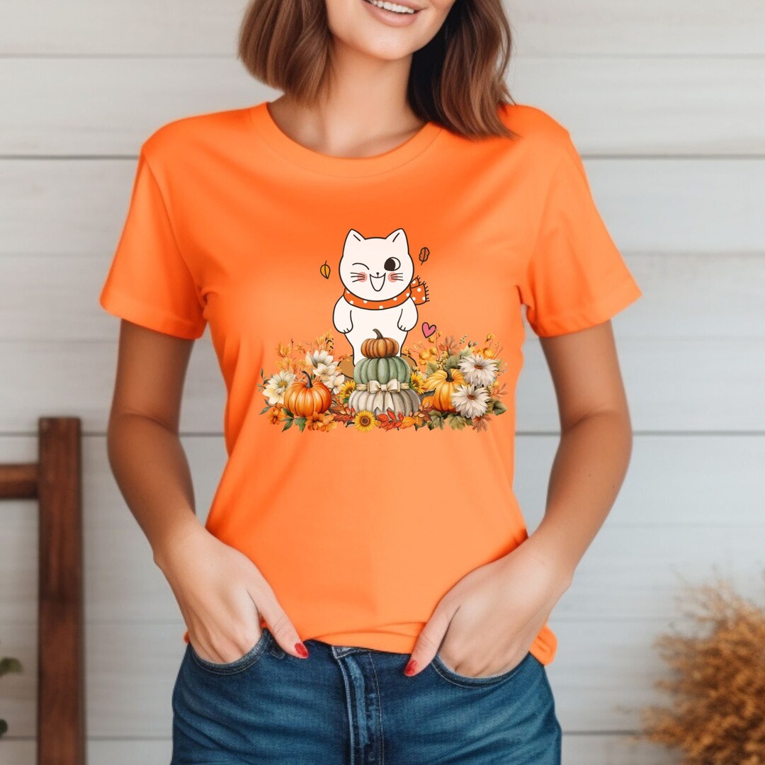 Whimsical Cat Lover's Shirt Cozy Fall Leaves Tee for Her Cottagecore ...