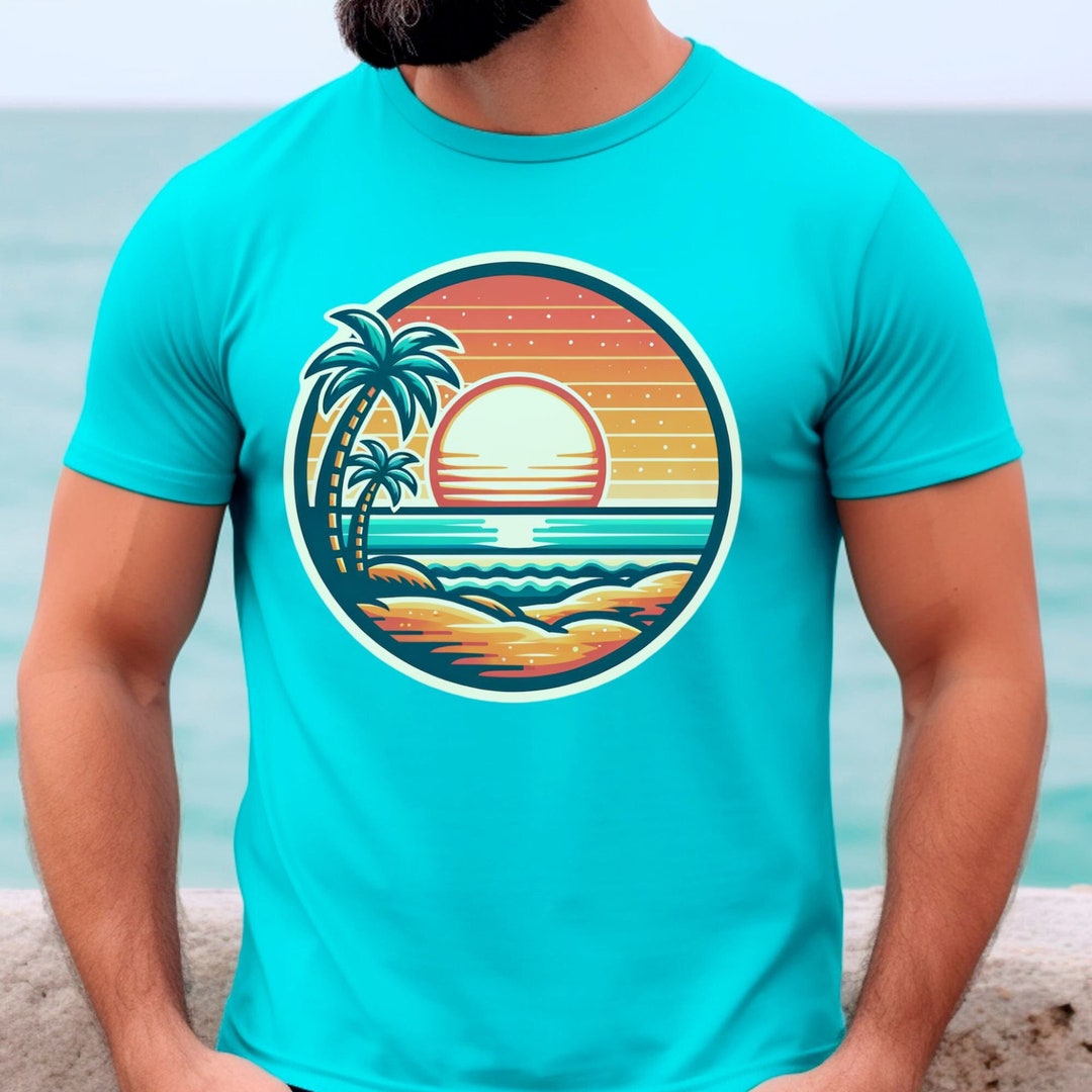 Vibrant Print Beach Scene Shirt Tropical Sunset T-shirt Summer Apparel ...