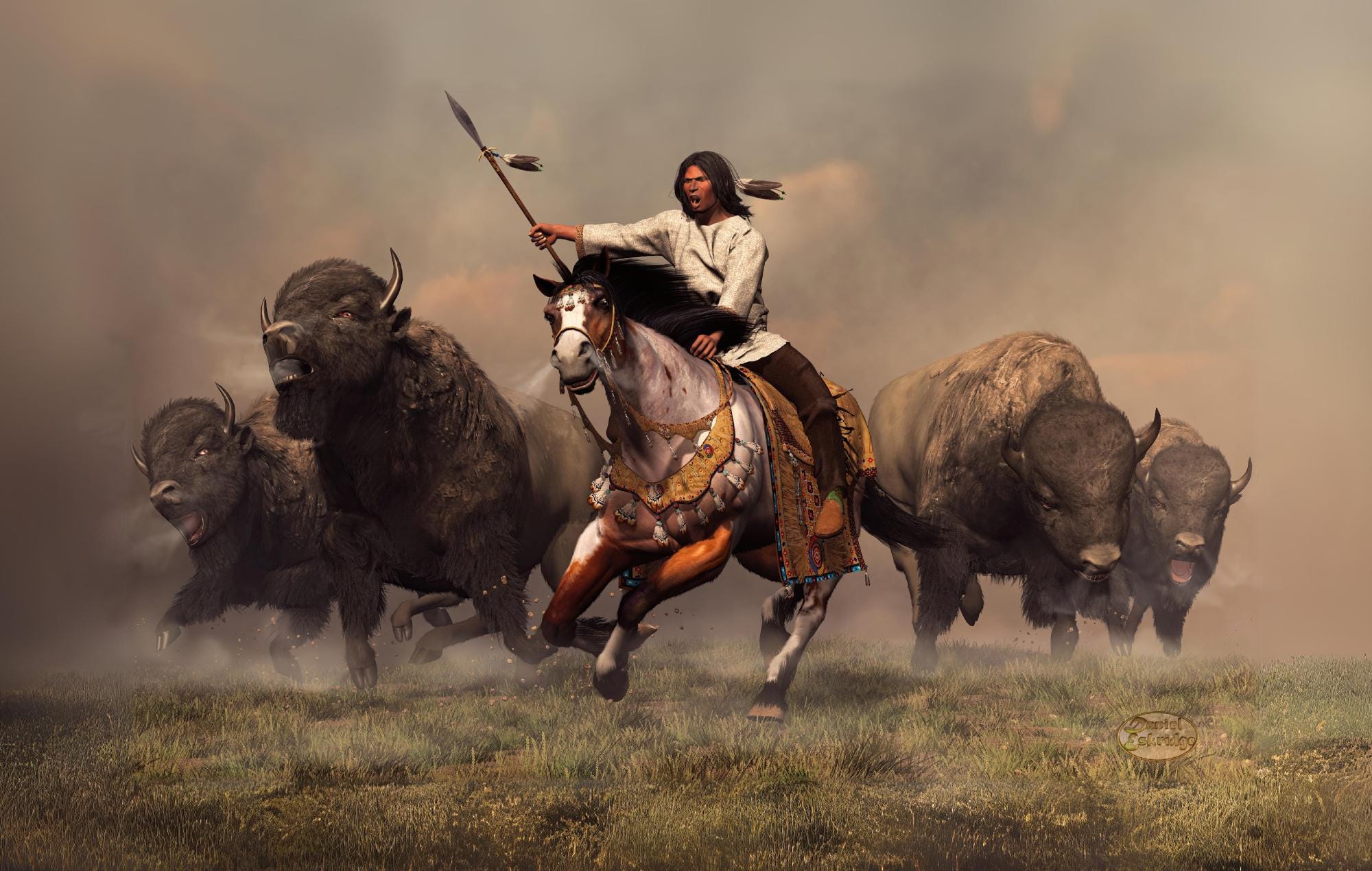 Running With Buffalo - Canvas Giclée Print Featuring A Native American ...