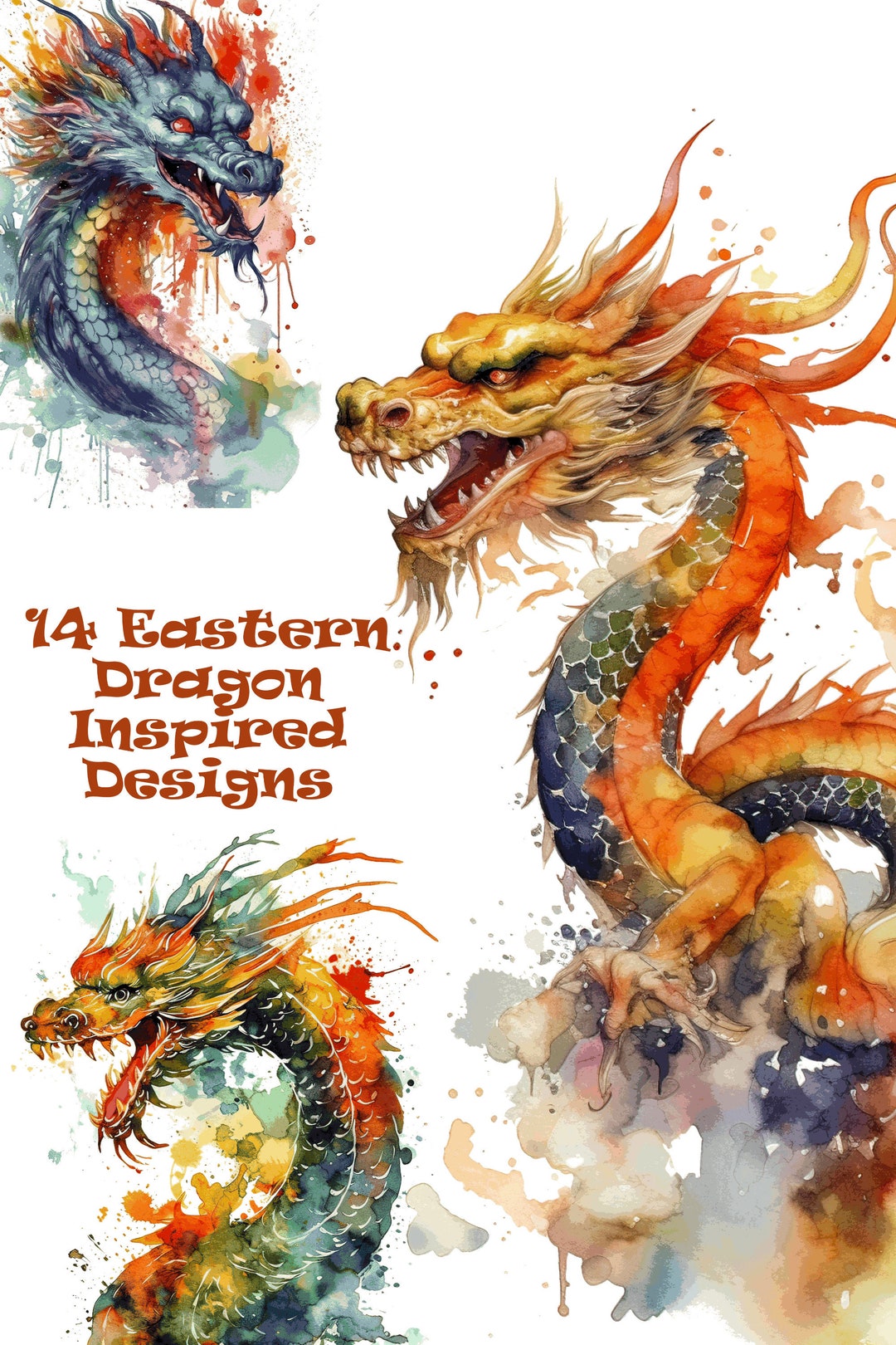 14 Watercolor Eastern Dragon Inspired Sublimation/clip Art Designs ...
