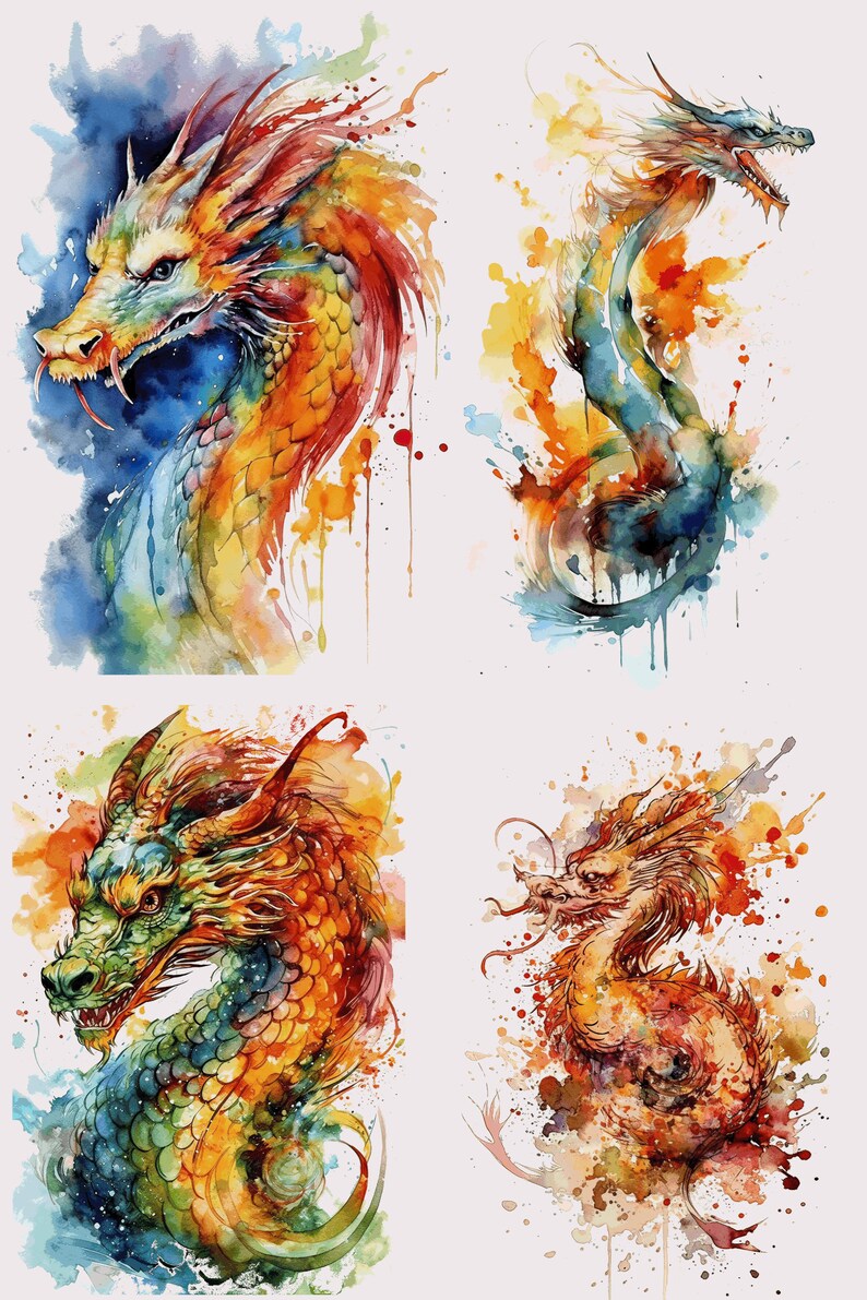14 Watercolor Eastern Dragon Inspired Sublimation/clip Art Designs ...