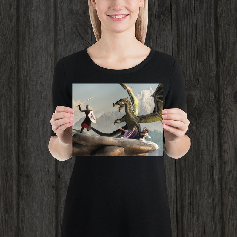 Damsel, Dragon, and Knight Print Fantasy Art Wall Decor Medieval ...