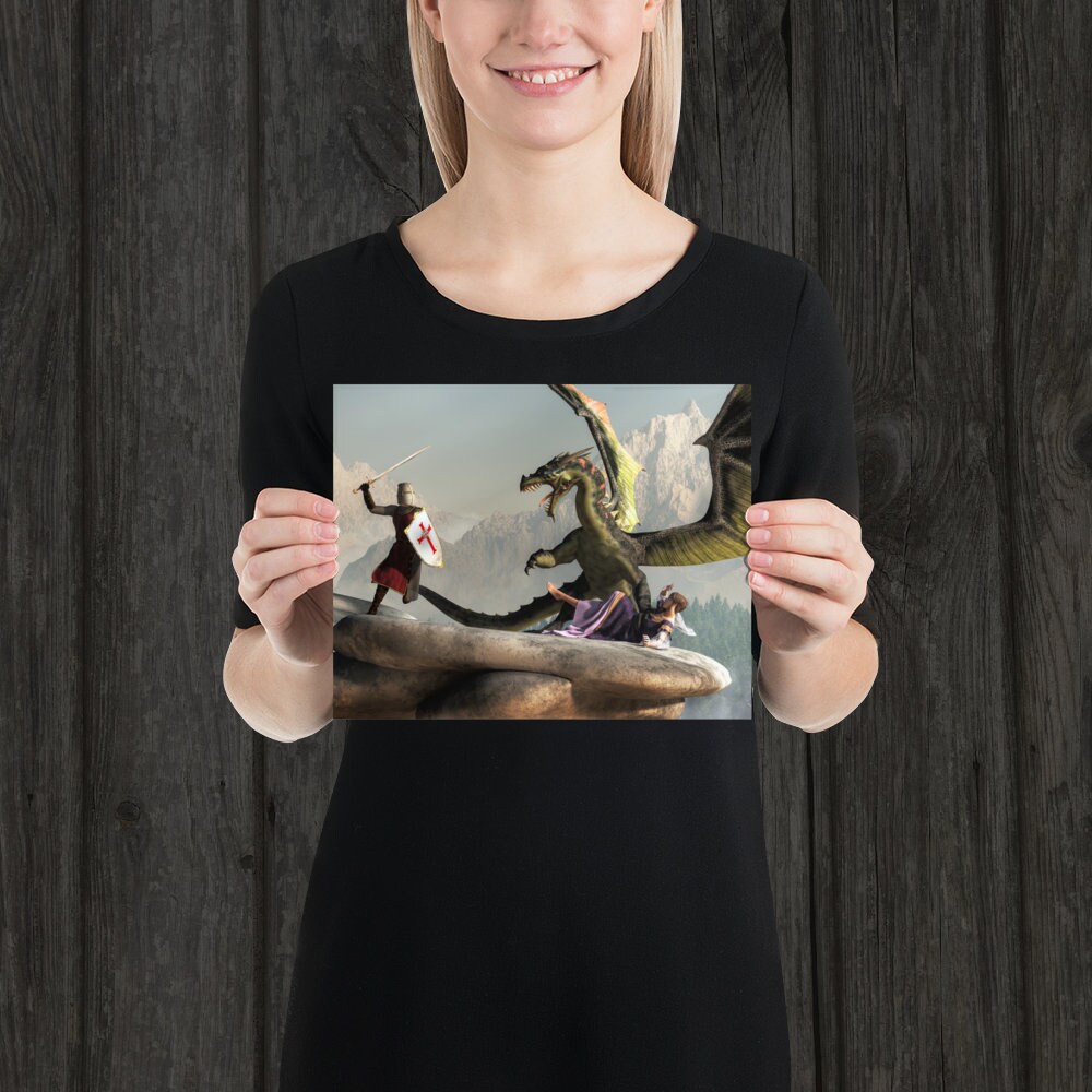 Damsel, Dragon, and Knight Print Fantasy Art Wall Decor Medieval ...