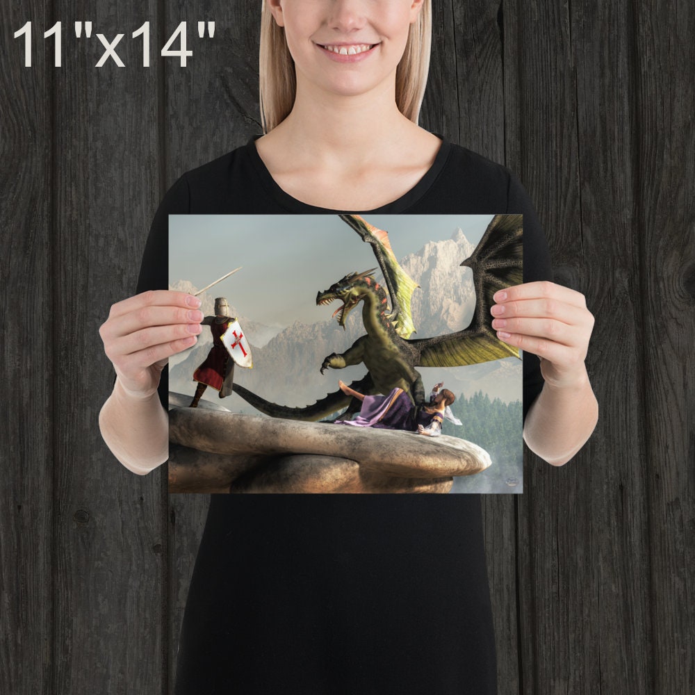 Damsel, Dragon, and Knight Print Fantasy Art Wall Decor Medieval ...