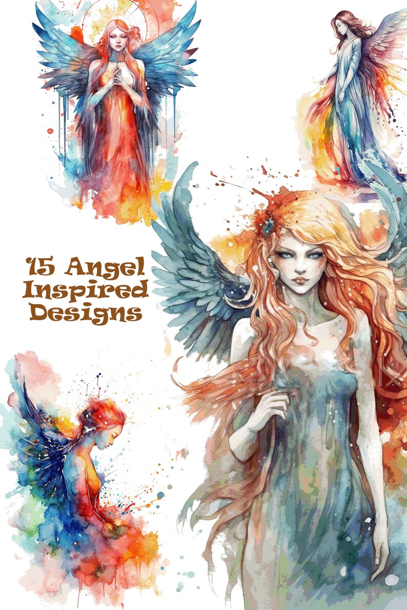 15 Watercolor Angel Inspired Sublimation Designs (transparent PNG ...