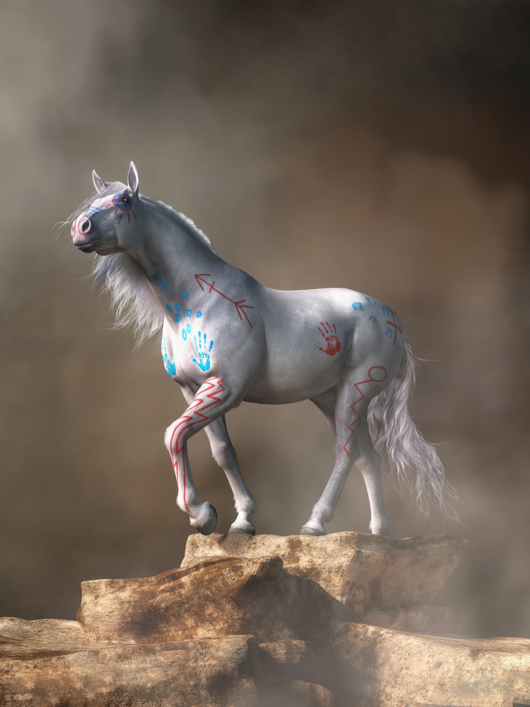 The White War Horse - Print, Native American Indian Pony in War Paint ...