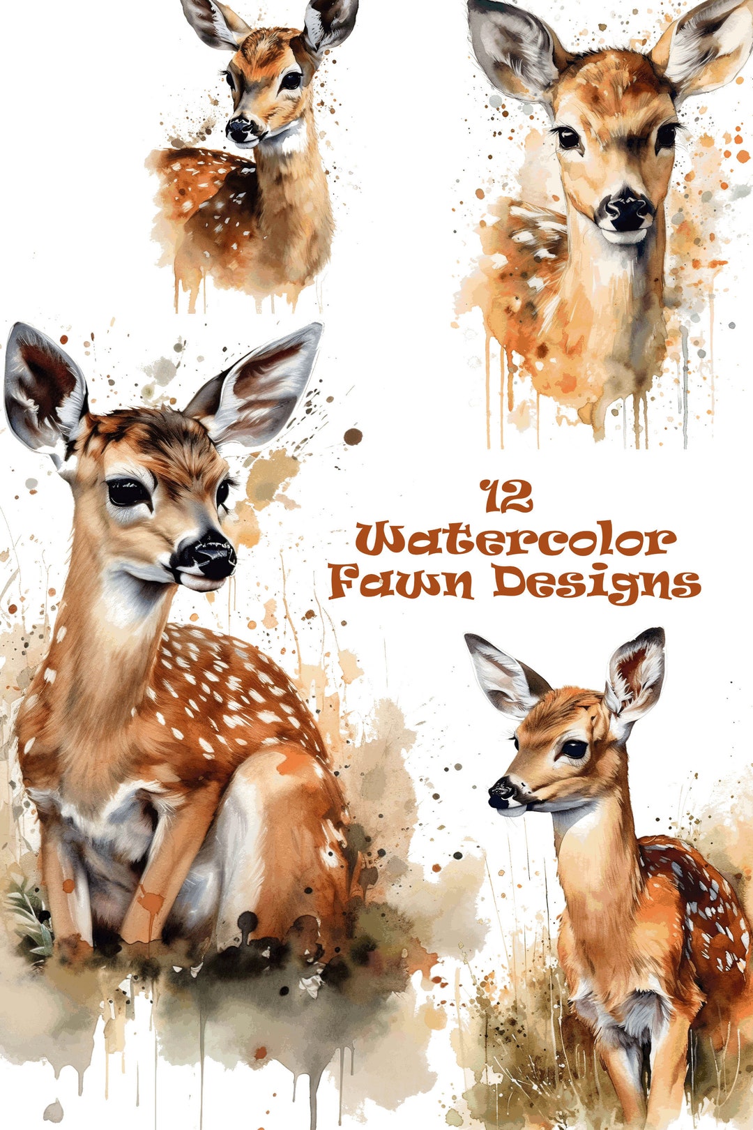 12 Watercolor Fawn Inspired Sublimation Designs (transparent PNG ...