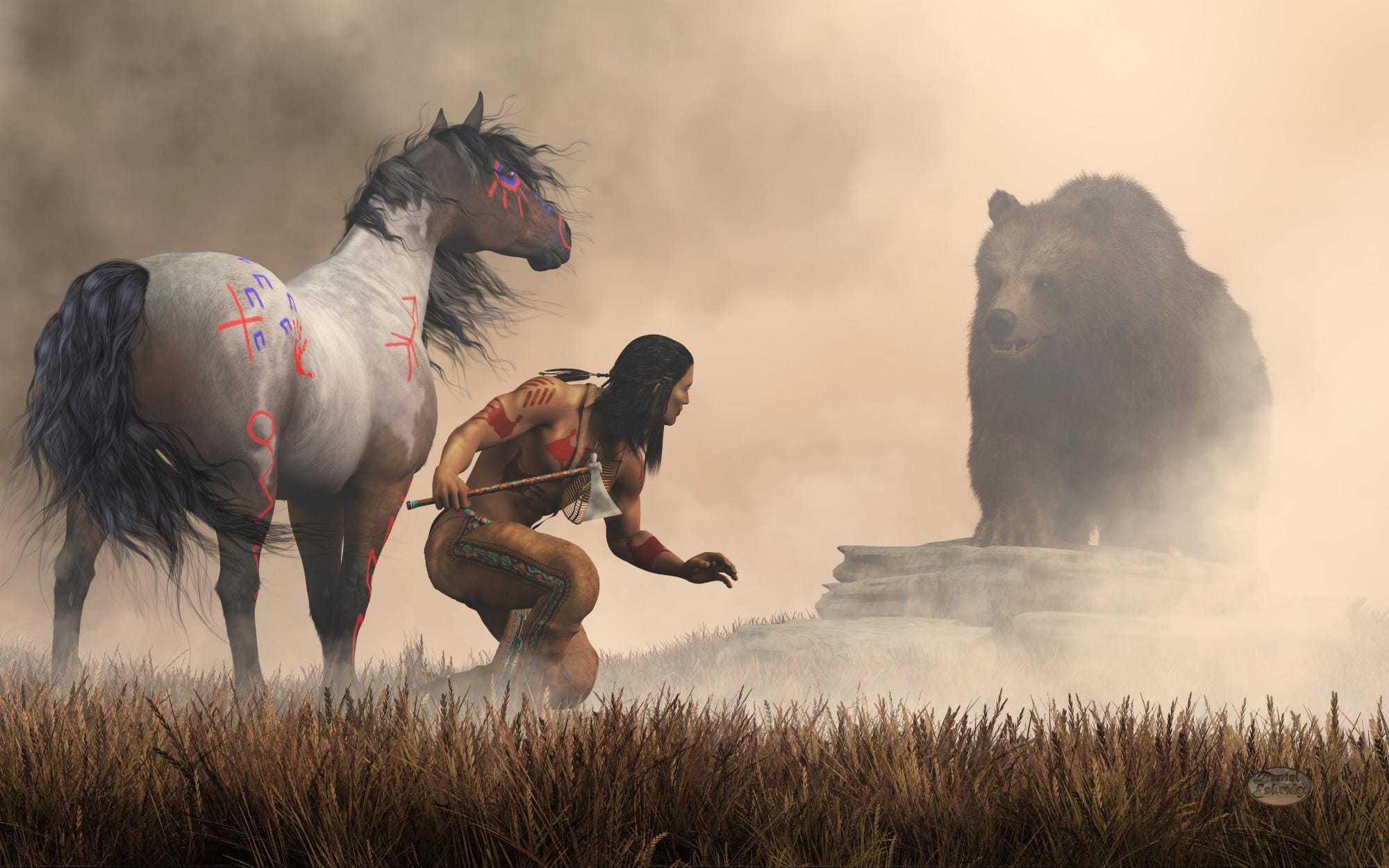 The Warrior and the Bear - Canvas Giclée Print Featuring Native ...
