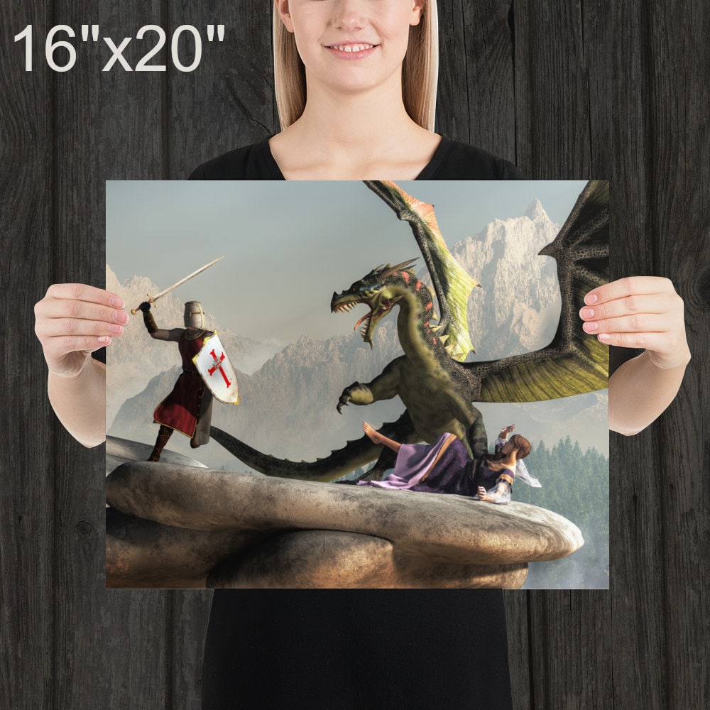 Damsel, Dragon, and Knight Print Fantasy Art Wall Decor Medieval ...