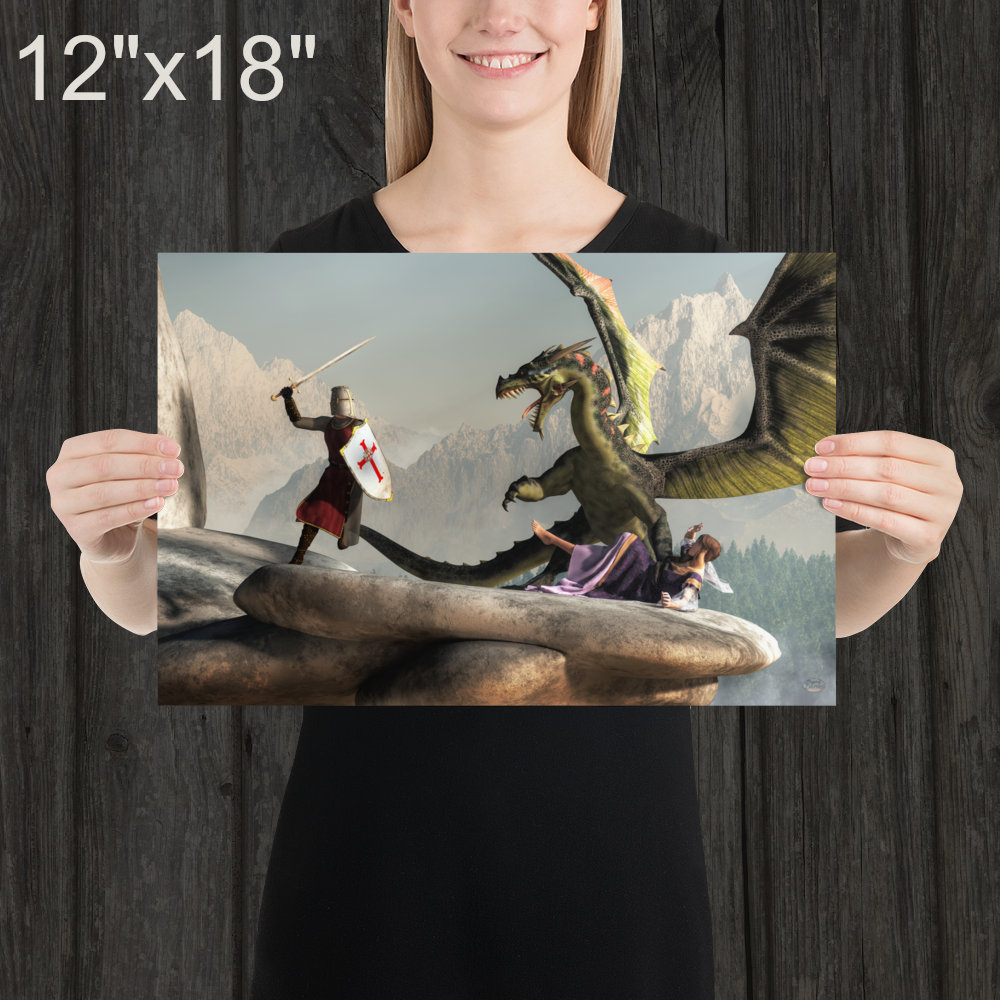 Damsel, Dragon, and Knight Print Fantasy Art Wall Decor Medieval ...