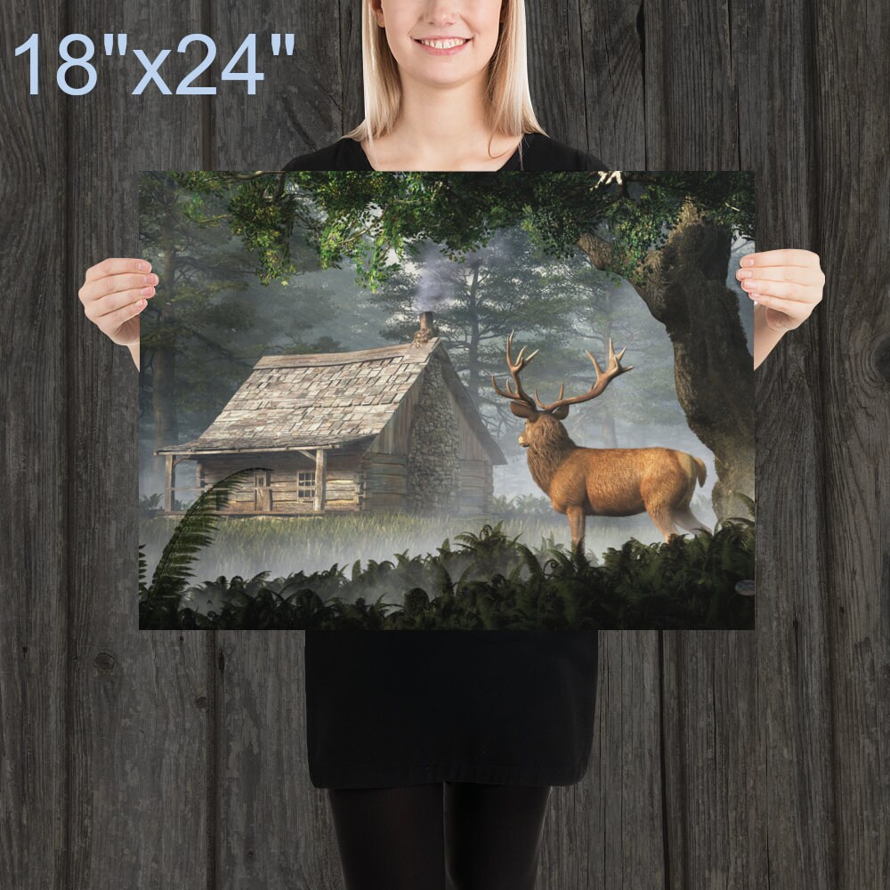 The Visitor Red Deer and Cabin, Wildlife Themed Art Print - Etsy
