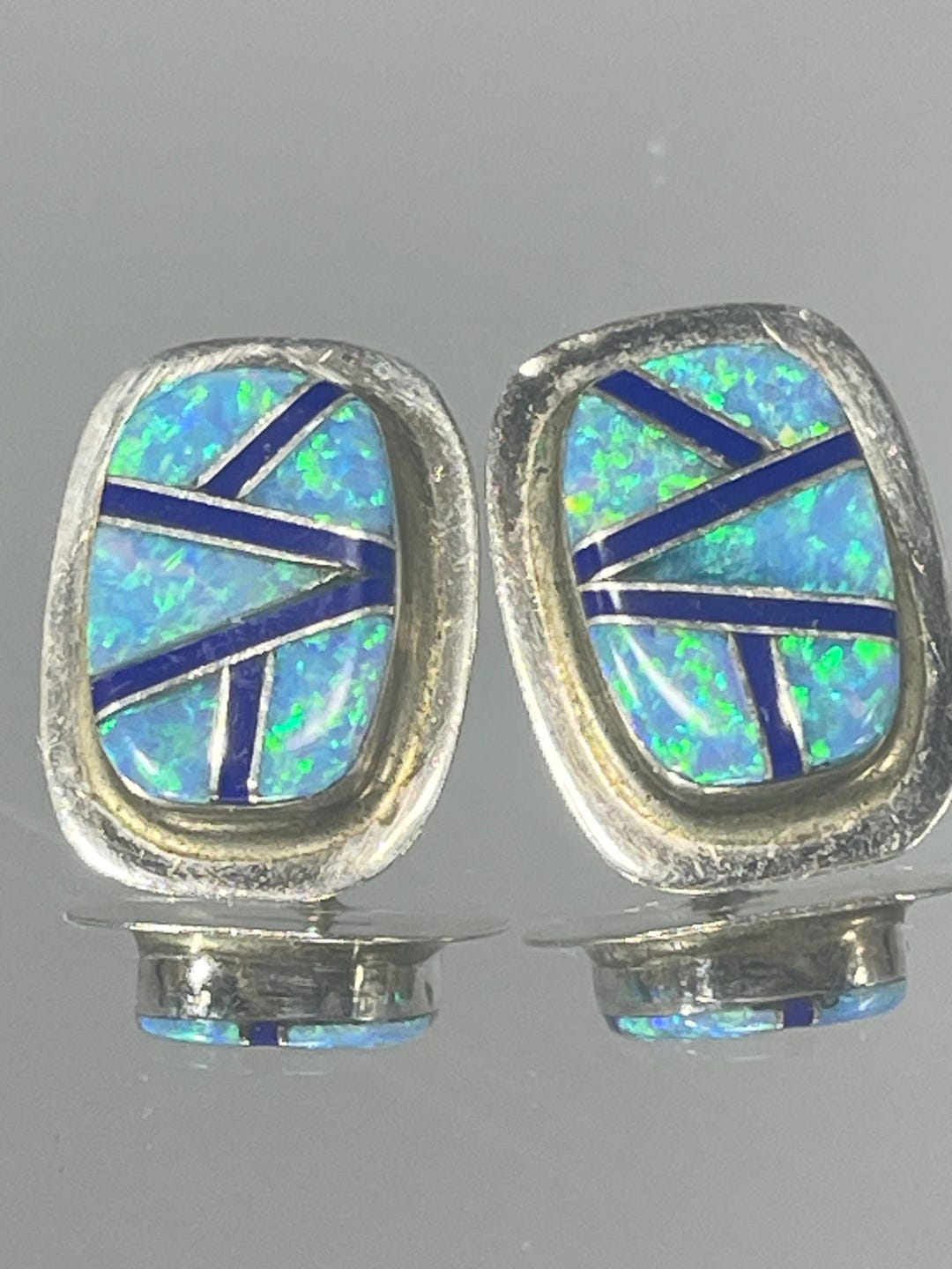 Earrings Signed Navajo Cecil Sanders Sterling Silver Inlaid Opal ...