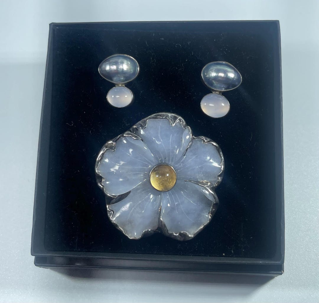 Vintage Amy Kahn Russell Pin/brooch and Earring Set Blue Chalcedony and ...