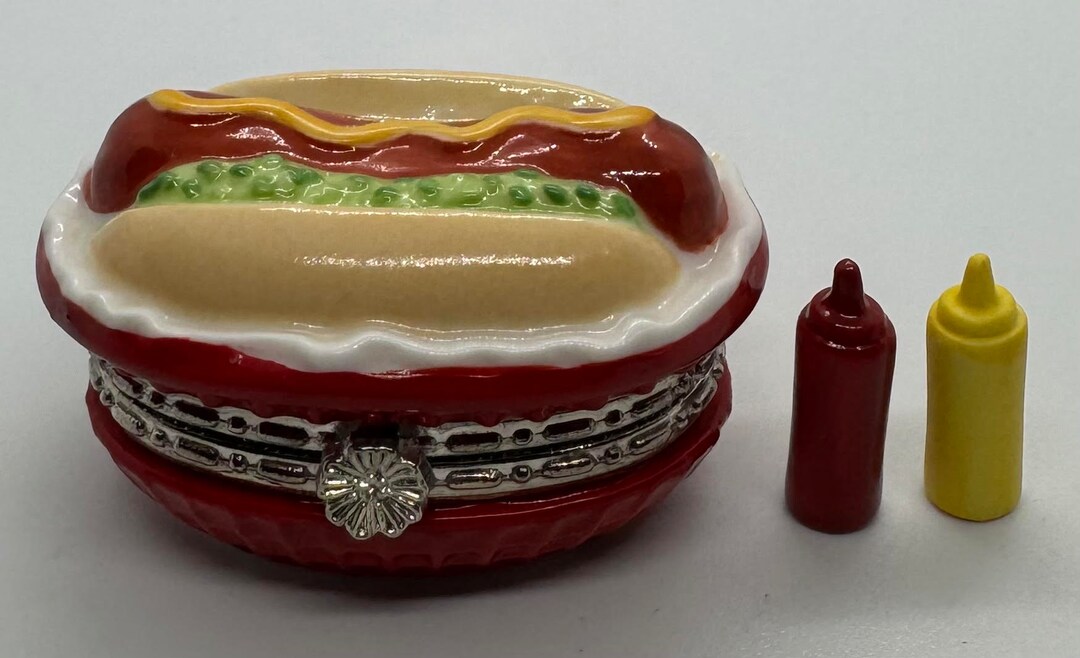 Hot Dog With Mustard and Ketchup Condiment Trinkets Porcelain Hinged ...