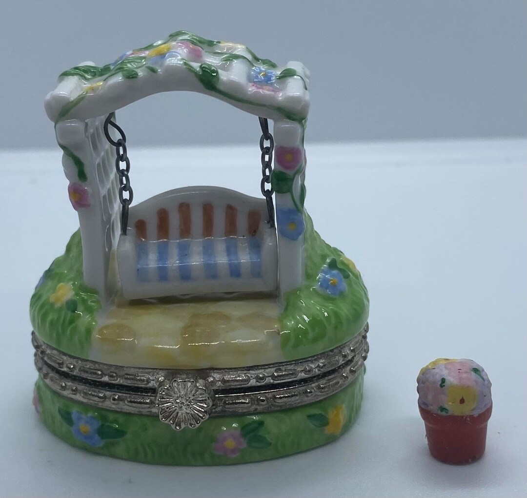 Garden Swing Couch With Pot of Flowers Trinket Porcelain Hinged Box ...