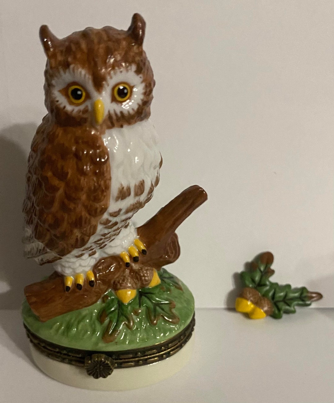 Owl With Acorn and Oak Leaf Cluster Trinket Porcelain Hinged Box From ...
