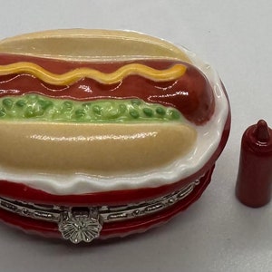 Hot Dog With Mustard and Ketchup Condiment Trinkets Porcelain Hinged ...