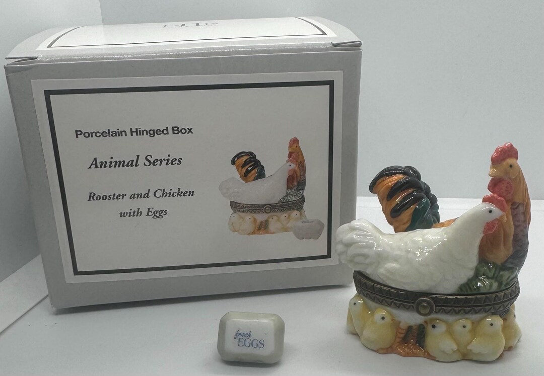 Chicken and Rooster With Carton of Eggs Trinket Porcelain Hinged Box ...