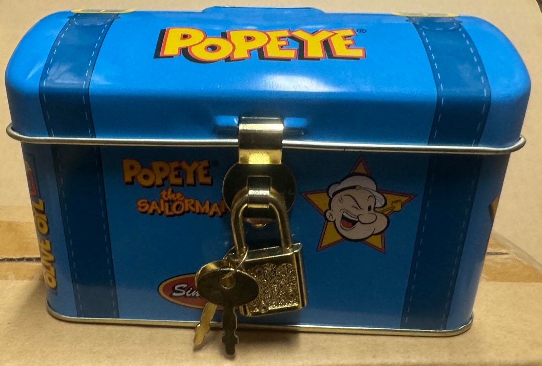 Popeye Treasure Chest Blue Tin Trunk Metal Bank Lock and 2 Keys 2000 ...