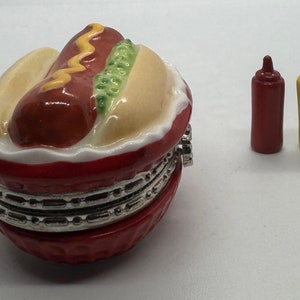 Hot Dog With Mustard and Ketchup Condiment Trinkets Porcelain Hinged ...