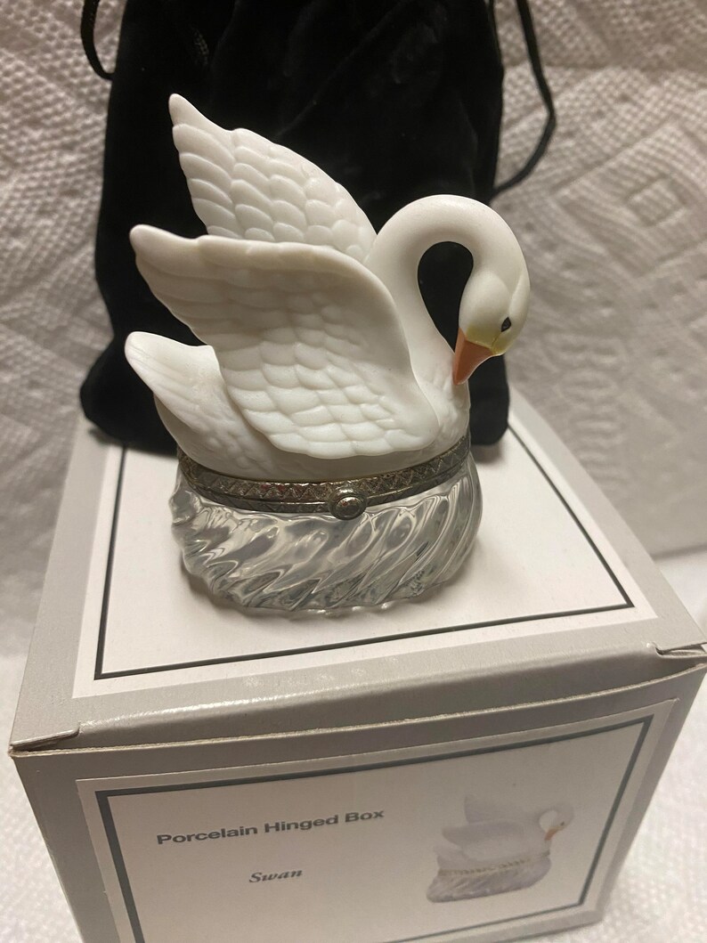 Graceful Swan With a Black Velvet Pouch Porcelain Hinged Box - Etsy