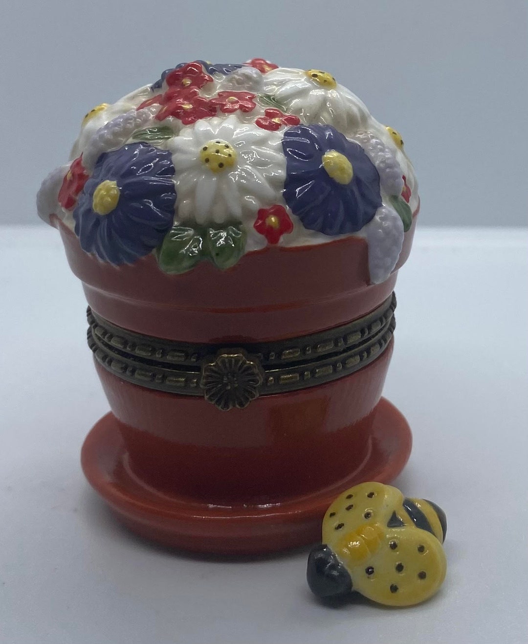 Red, White and Blue Flower Pot and Bee Trinket Porcelain Hinged Box ...
