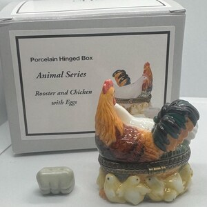 Chicken and Rooster With Carton of Eggs Trinket Porcelain Hinged Box ...