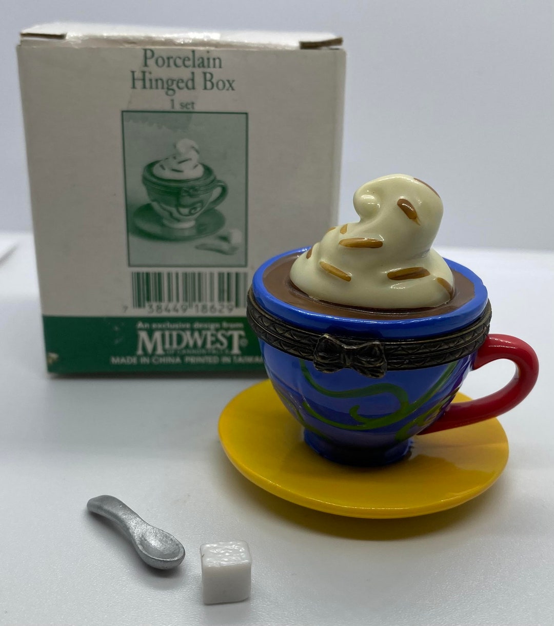 Latte Coffee Cup With Spoon and Sugar Cube Trinkets Porcelain Hinged ...