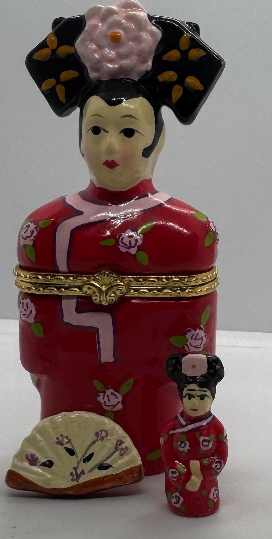 Geisha With Mini Geisha and Fan Trinkets Porcelain Hinged Box Made by ...