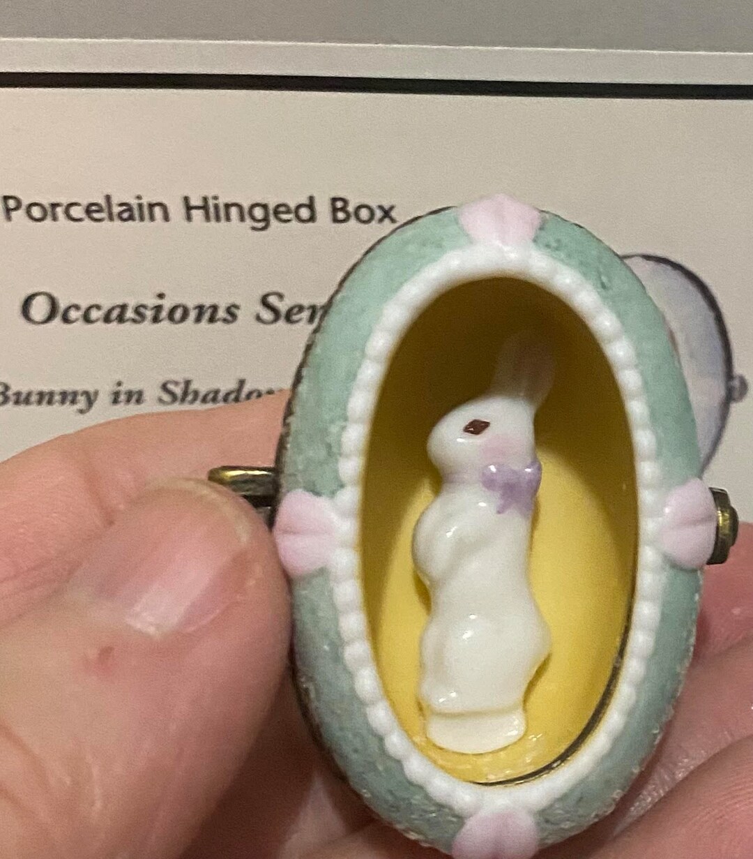 Bunny in Egg With Shadow Box Stand Porcelain Hinged Box Midwest PHB ...