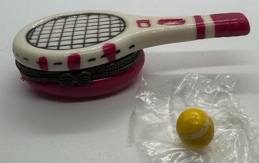 Tennis Racket and Yellow Tennis Ball Trinket Porcelain Hinged Box so ...