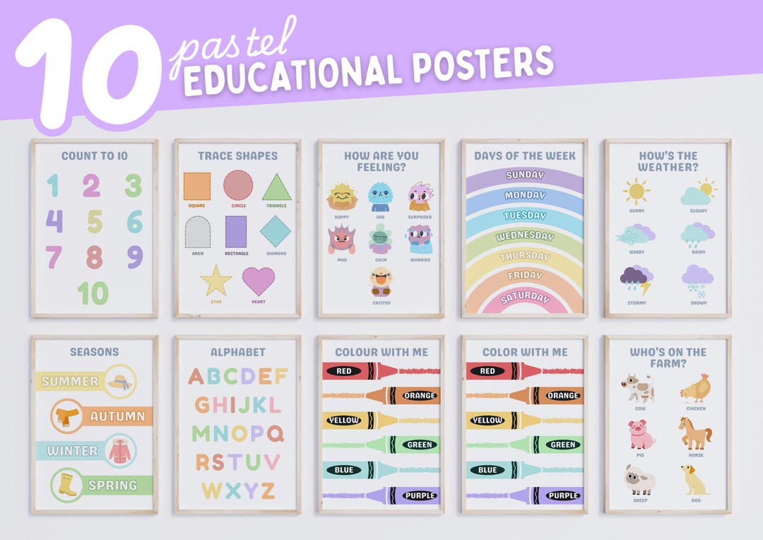 Pastel Educational Posters for Kids | Toddler Learning Wall Art ...