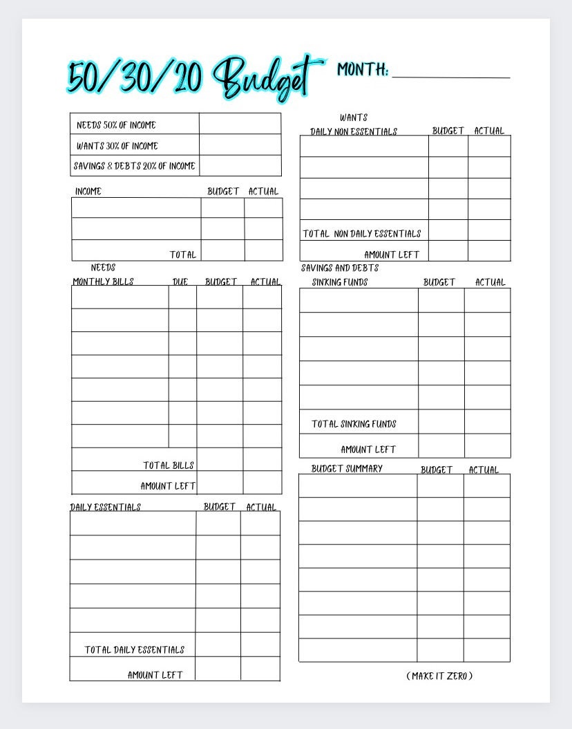 50/30/20 Budget Worksheet - Etsy