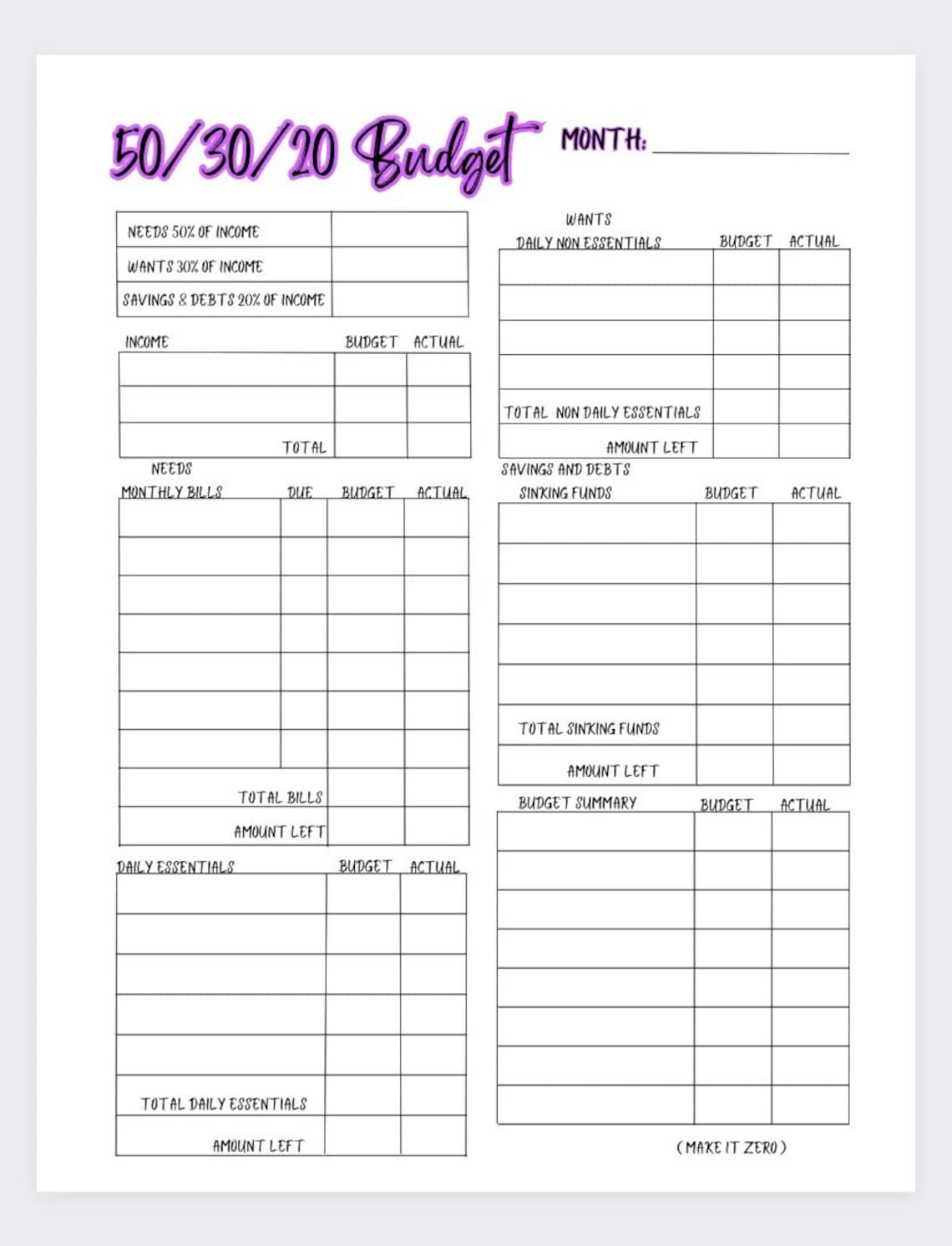 50/30/20 Budget Worksheet - Etsy