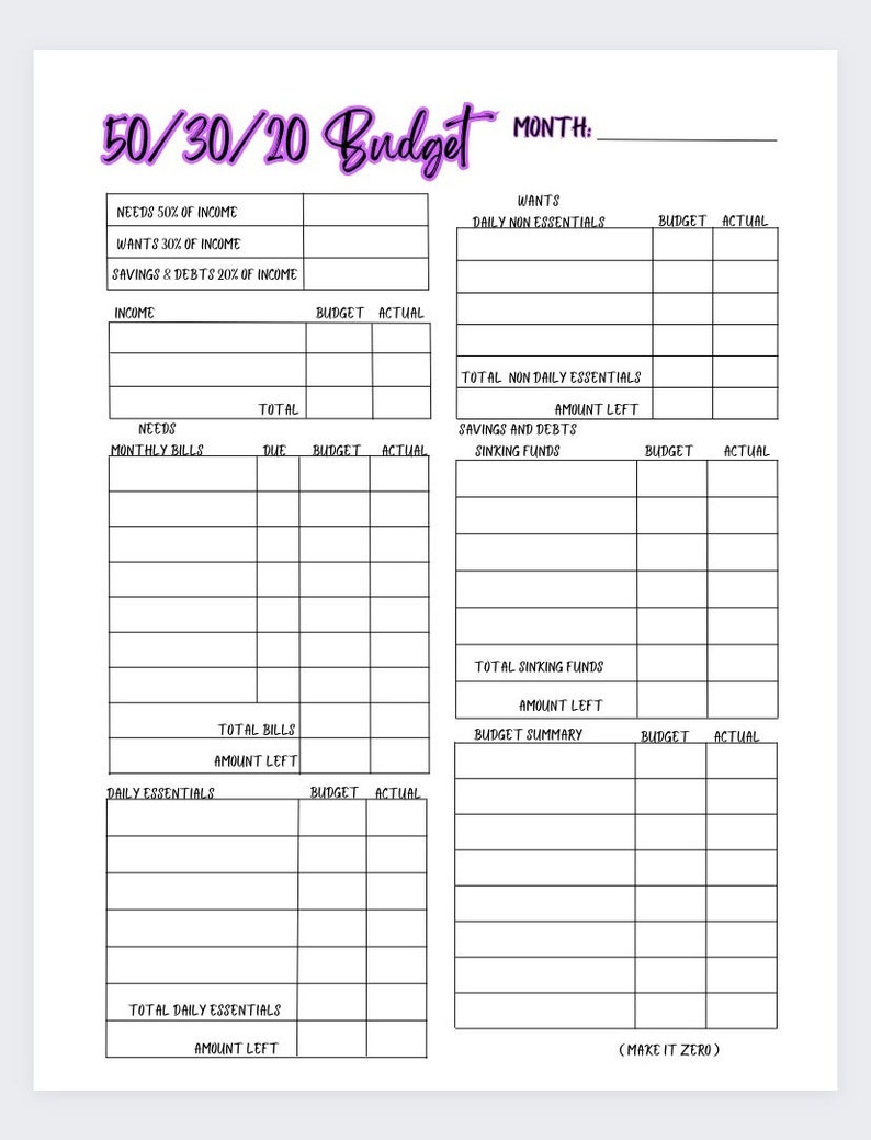 50/30/20 Budget Worksheet - Etsy