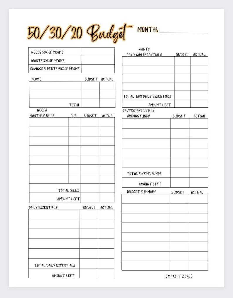 50/30/20 Budget Worksheet - Etsy