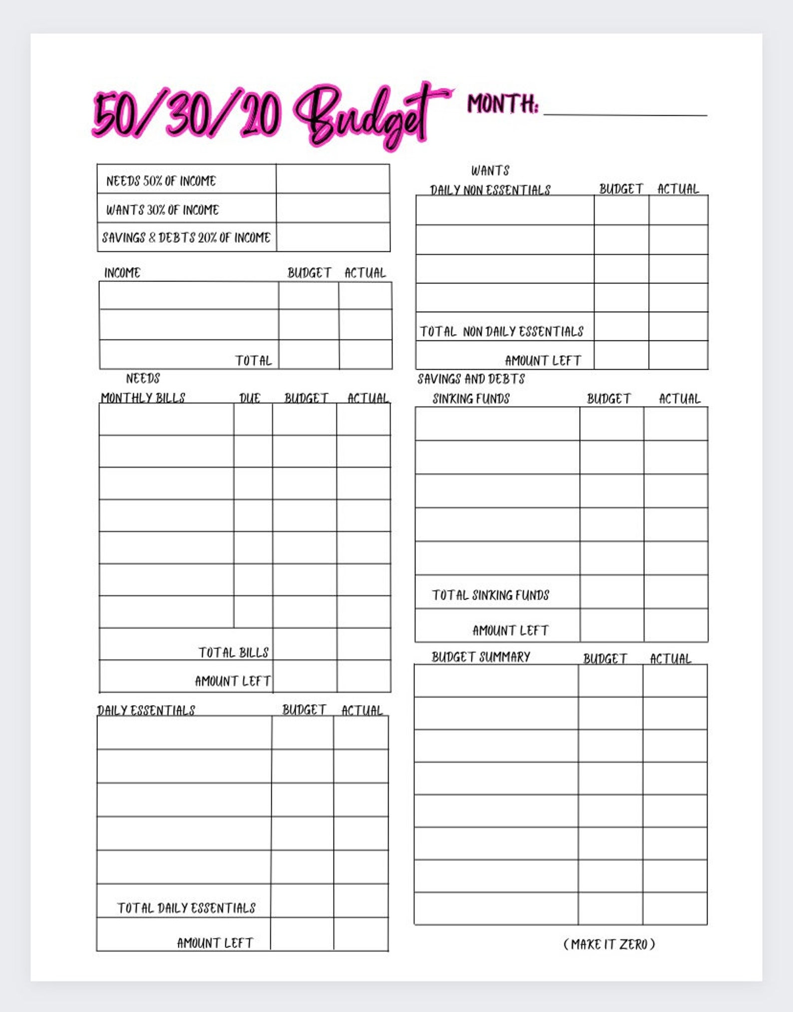 50/30/20 Budget Worksheet - Etsy