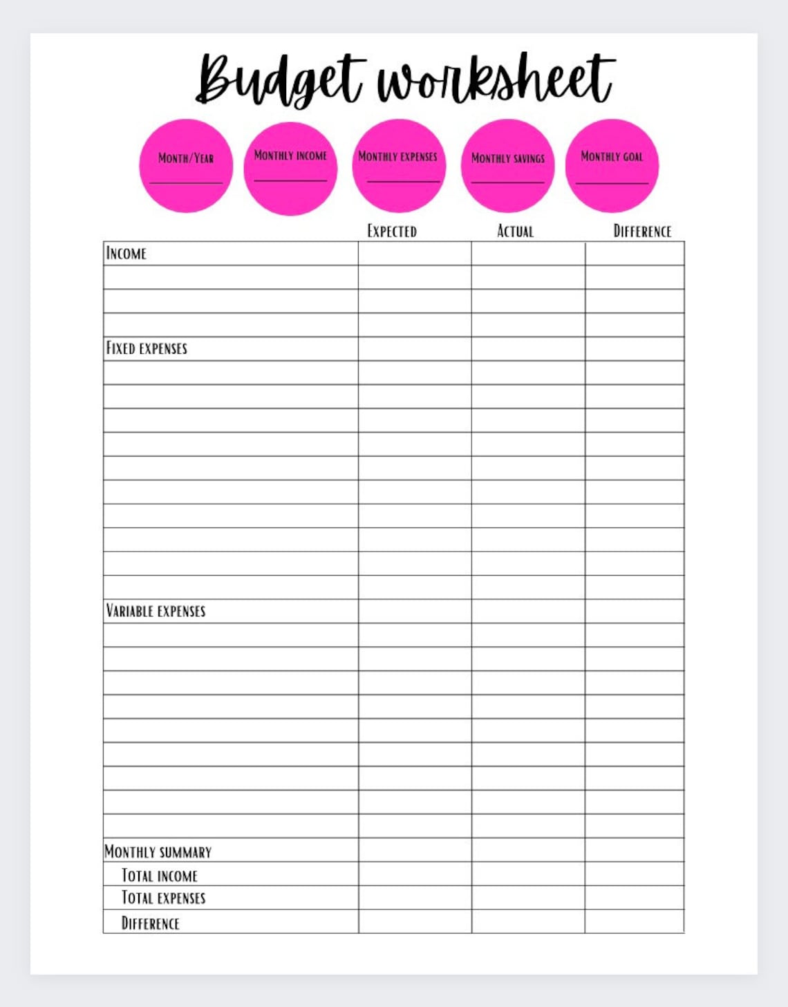 Simple Budget Worksheet - Etsy