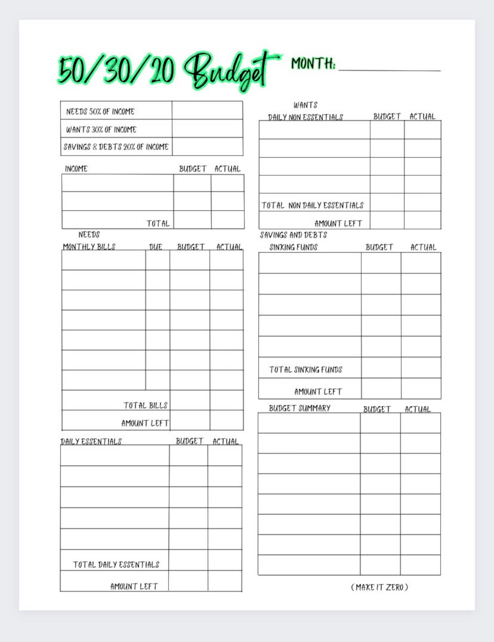50/30/20 Budget Worksheet - Etsy