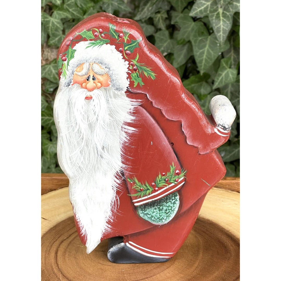Santa Claus Hand Painted Carved Wood Folk Art Christmas Holiday Decor ...