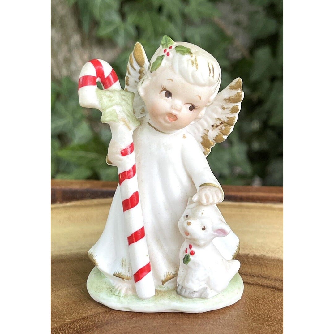 Lefton Christmas Angel With Baby Lamb and Candy Cane 1752 Vintage 1950s ...
