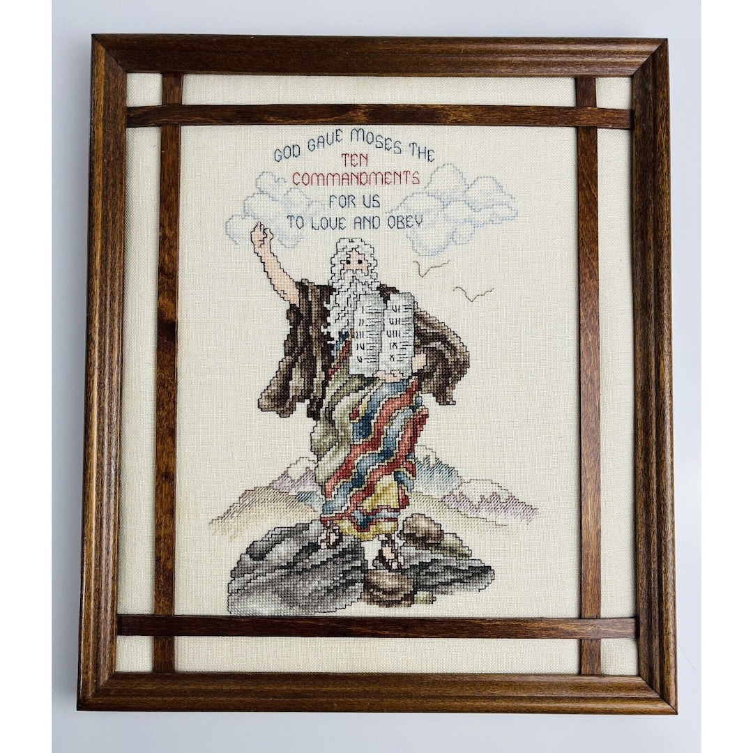 Moses 10 Commandments Cross Stitch Vintage Biblical Needlepoint Framed ...