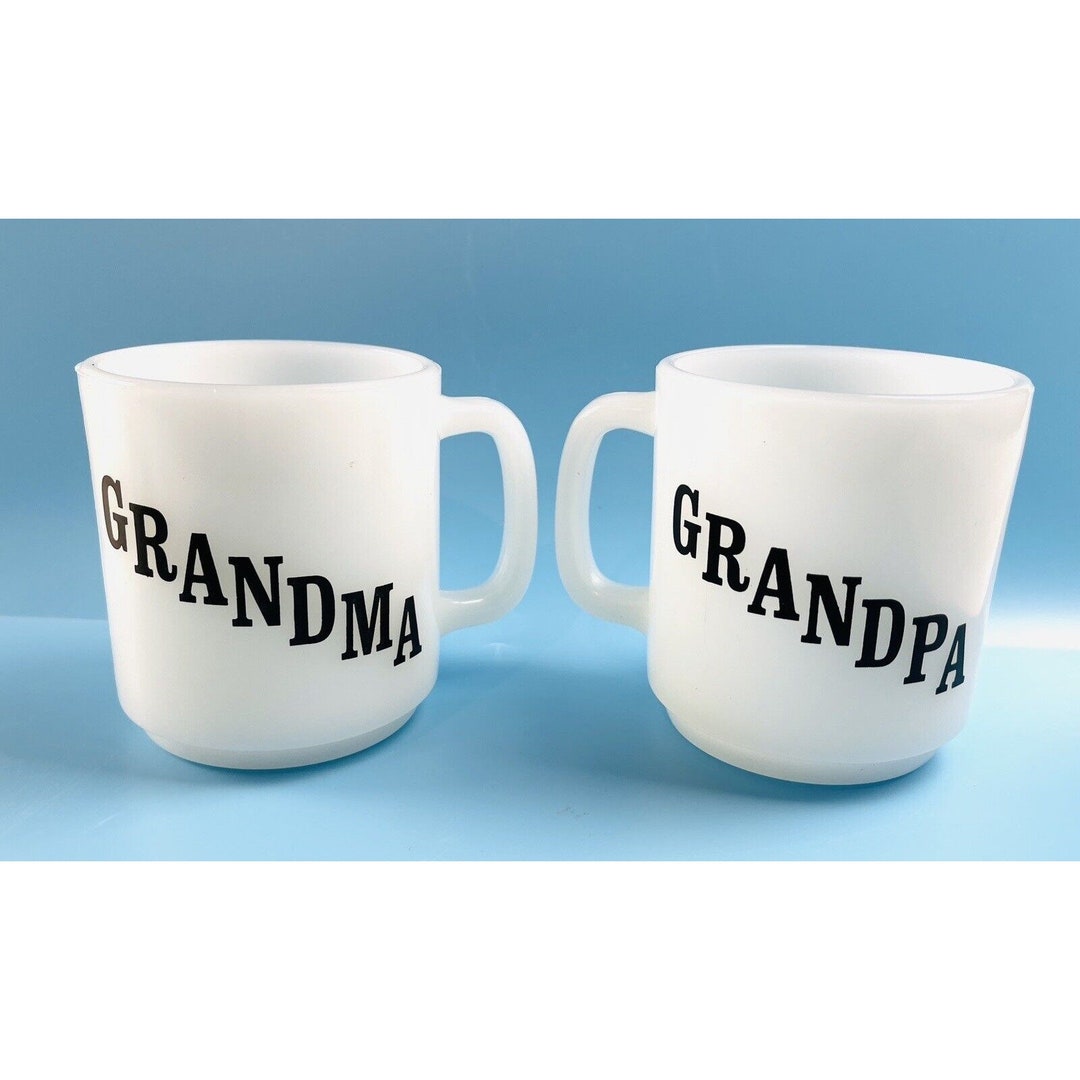 2 Vintage Glasbake Grandma & Grandpa Coffee Mugs Tea Cups Milk Glass ...
