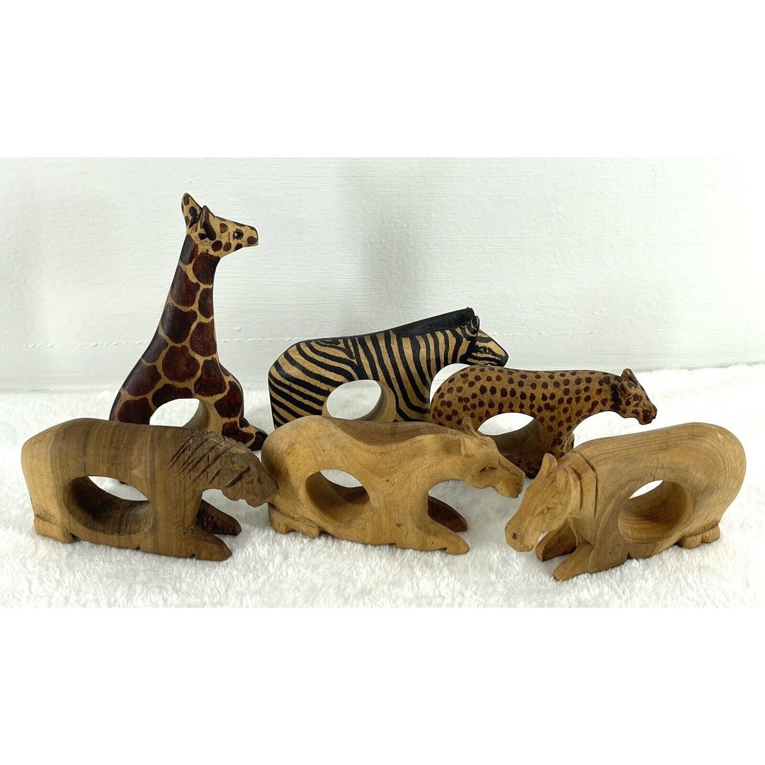 African Animal Napkin Rings Kenya Safari Hand Carved Set of Six Vintage ...