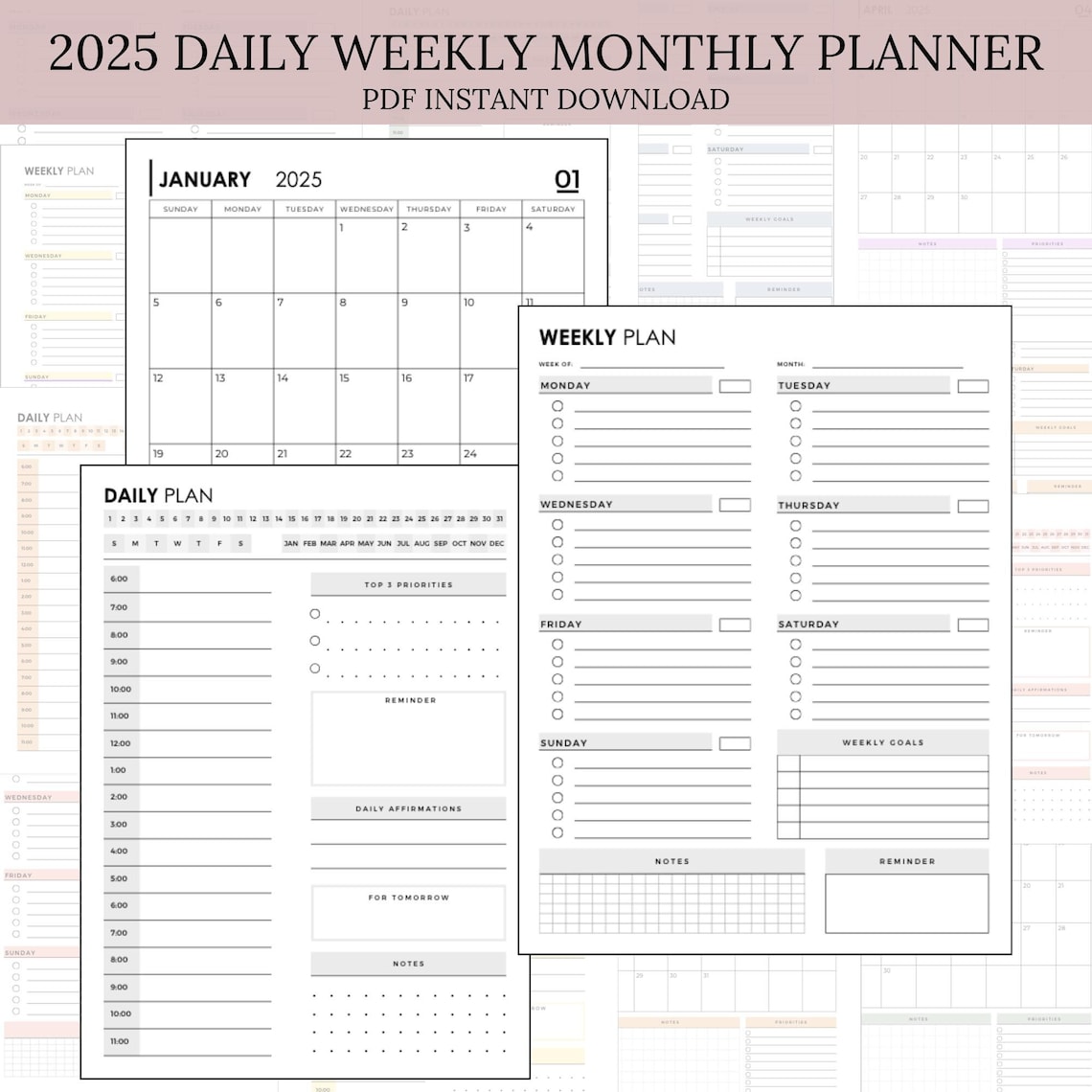 2025 Daily Weekly Monthly Planner Pages Agenda Instant Download PDF ...
