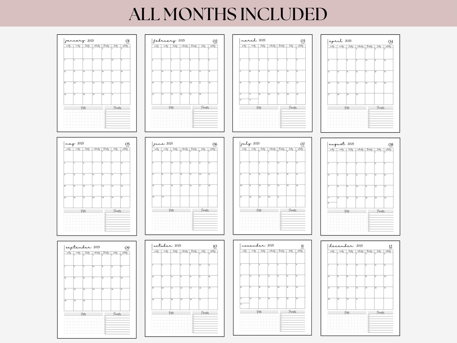 2025 Daily Weekly Monthly Planner Printable Agenda Instant Download PDF ...