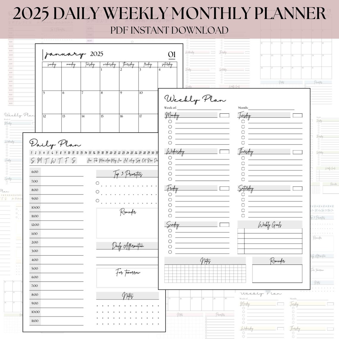 2025 Daily Weekly Monthly Planner Printable Agenda Instant Download PDF ...