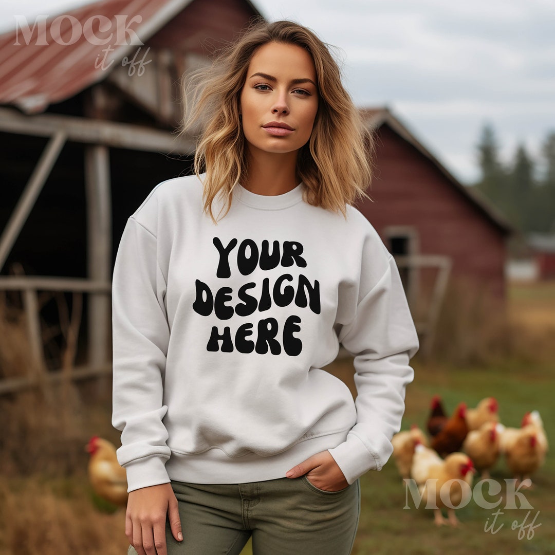 Chicken Mockup, Gildan White 18000 Sweatshirt Mockup, White Sweatshirt ...
