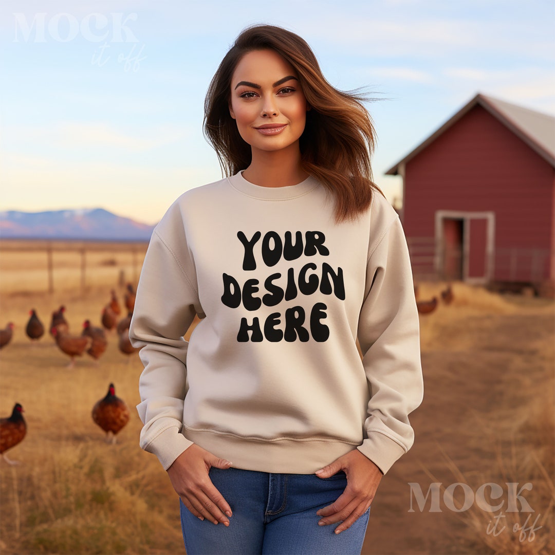 Chicken Mockup, Gildan Sand 18000 Sweatshirt Mockup, Sand Sweatshirt ...